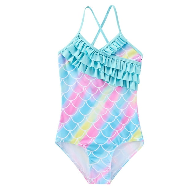 URMAGIC 4-12T Child Girls One Piece Ruffle Swimsuit Criss Cross Bathing ...