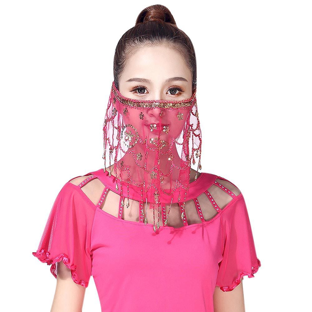 URMAGIC Belly Dance Face Veil Sequin Tassel Tribal Face Veil with Beads ...