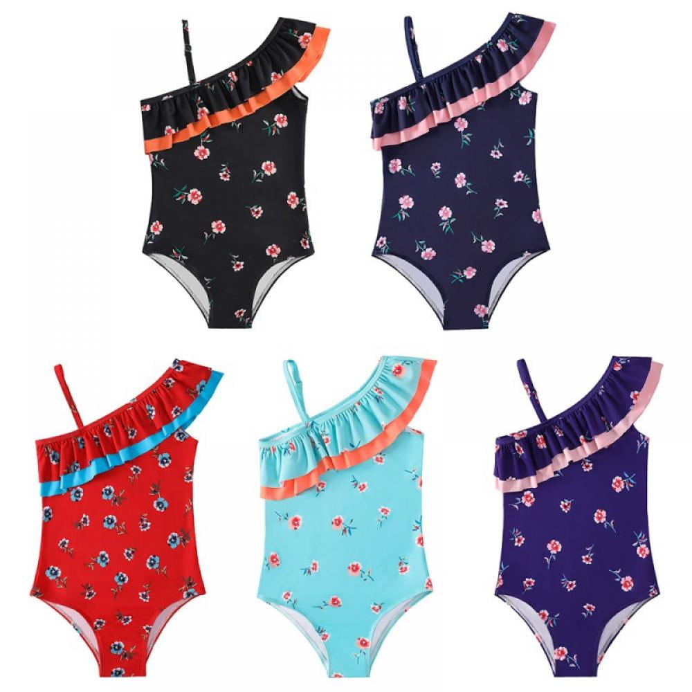 URMAGIC Girl's Bathing Suits One Shoulder Swimwear Ruffle Printed One ...