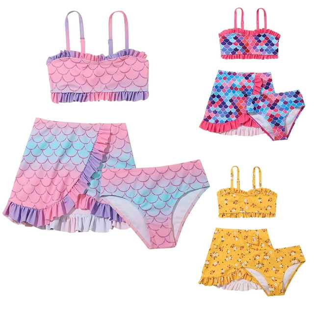 URMAGIC Girl's Mermaid Print Bikini Bathing Suit with Cover Up Beach ...