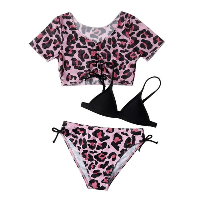 URMAGIC Girls 3 Piece Swimsuit Bathing Suit Leopard Bikini Set with ...