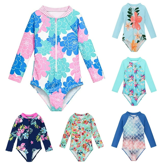 URMAGIC Girls One Piece Swimsuits Long Sleeve Rash Guard Zipper Front ...