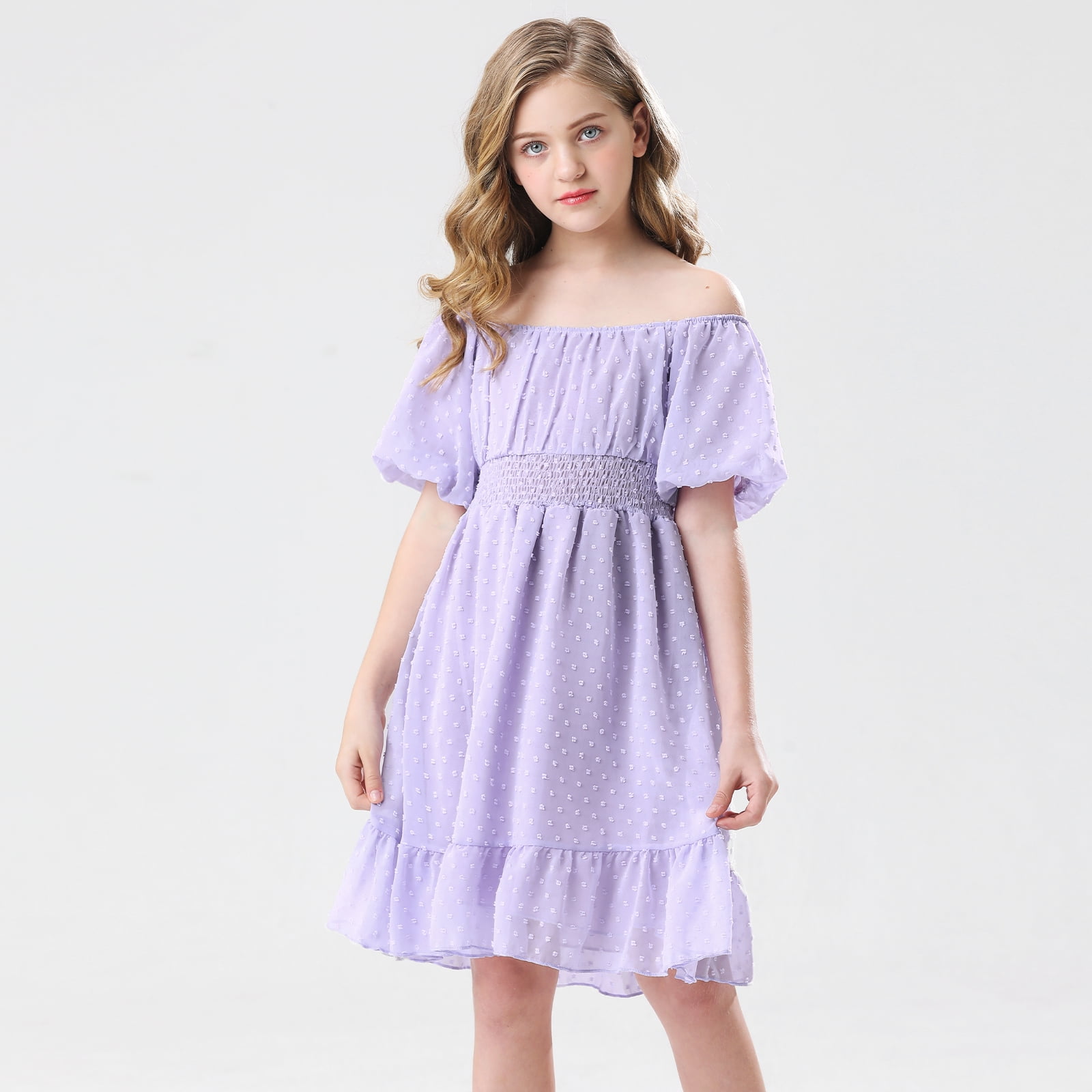 URMAGIC Girls' Square Neck Flowy Dress Kids Swiss Dot Casual Babydoll A ...