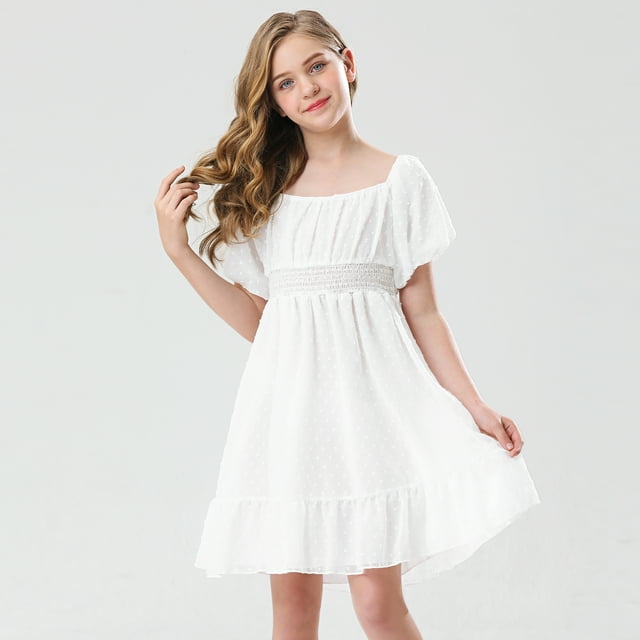 URMAGIC Girls' Square Neck Flowy Dress Kids Swiss Dot Casual Babydoll A ...