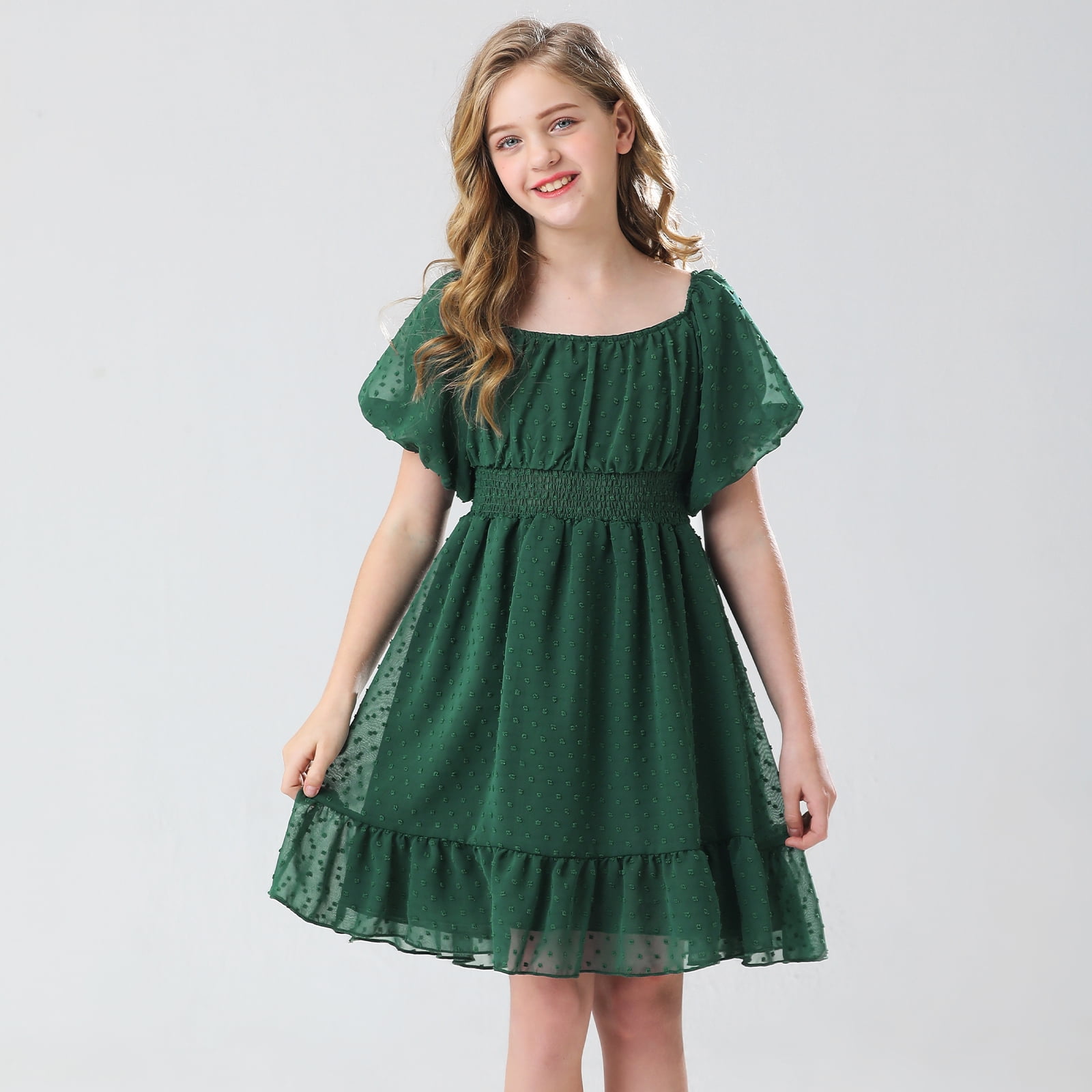 URMAGIC Girls' Square Neck Flowy Dress Kids Swiss Dot Casual Babydoll A ...