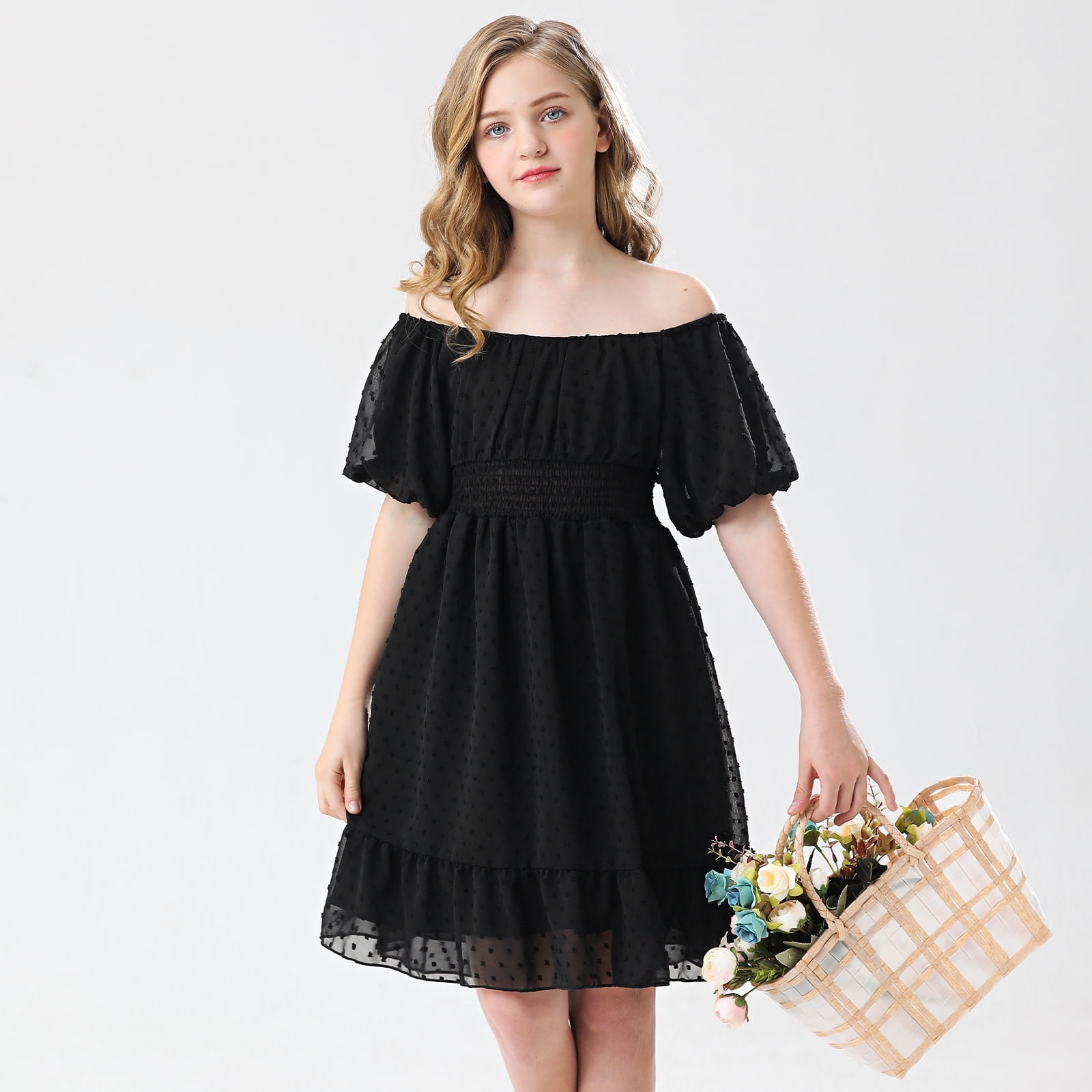 URMAGIC Girls' Square Neck Flowy Dress Kids Swiss Dot Casual Babydoll A ...