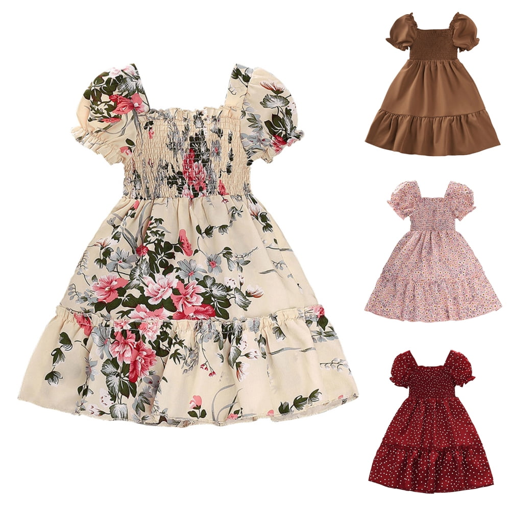 URMAGIC Girls Summer Dress Kids Floral Square Neck Puff Sleeve A-Line ...