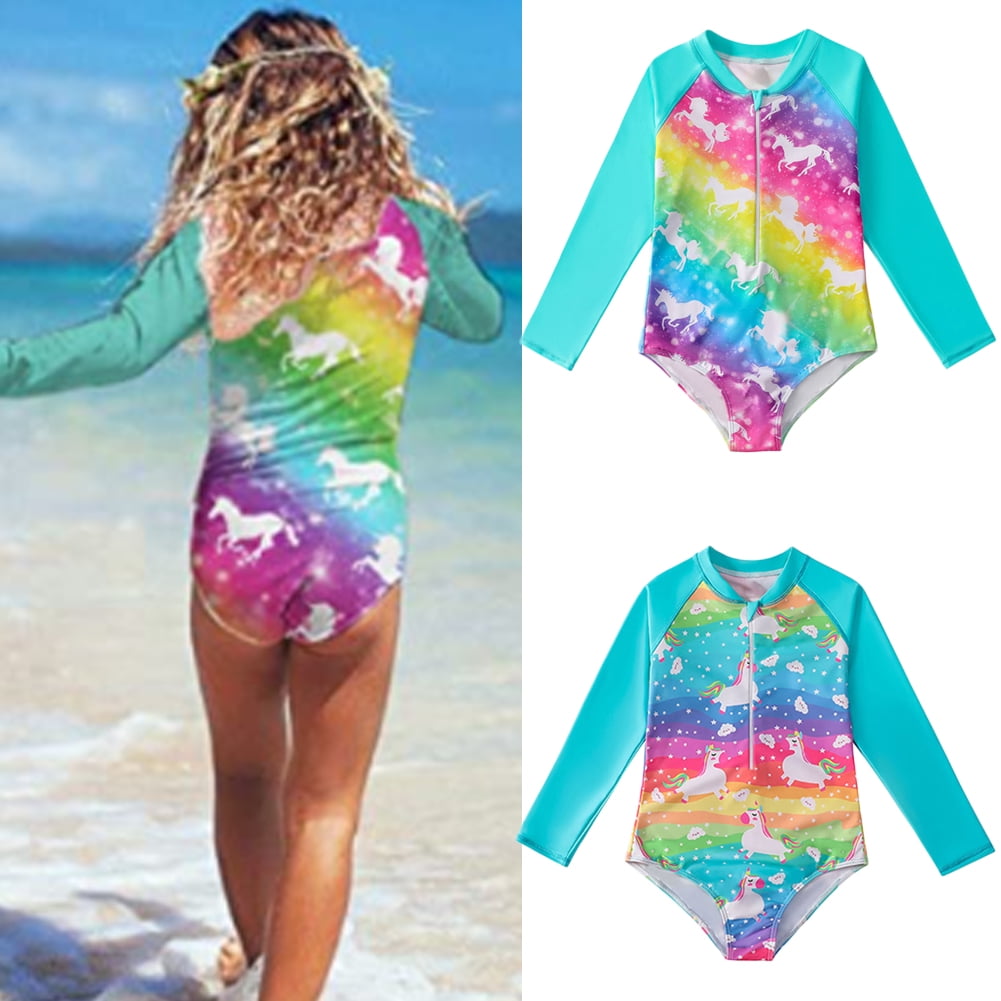 URMAGIC Kids Girls Zip Up Long Sleeve Rash Guard One-Piece Swimsuit ...
