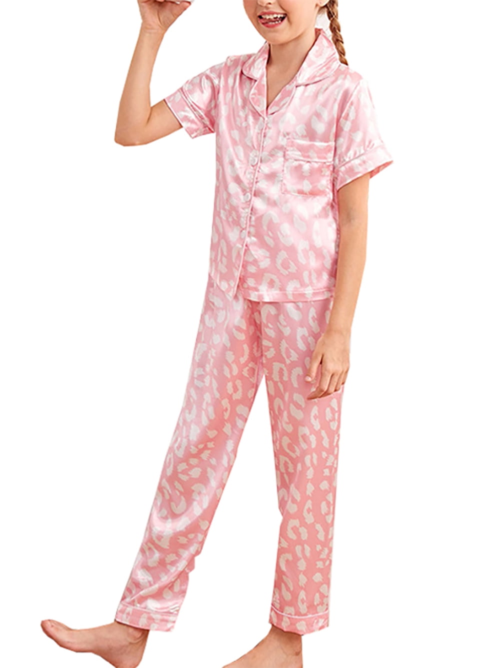URMAGIC Girls' Silk Satin Short Sleeve Pajama Set with Long Pants ...