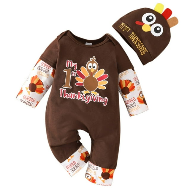 URMAGIC My First Thanksgiving Baby Boy Outfit Turkey One Piece Long Sleeve Romper Fall Winter ...