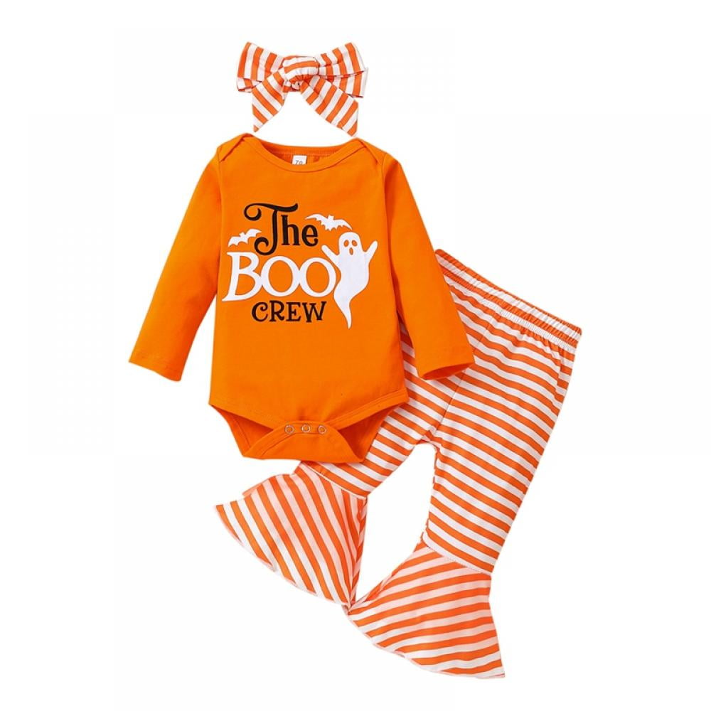 URMAGIC Newborn My First Halloween Baby Girl Outfit Long Sleeve Romper Pumpkin Stripe Bell ...