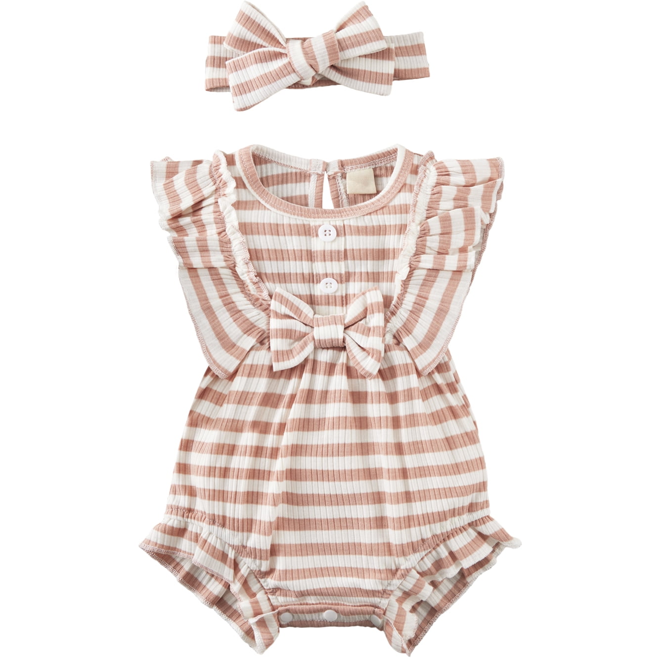 URMAGIC Summer Baby Girls Ruffle Sleveless Stripe Knitted Romper and ...
