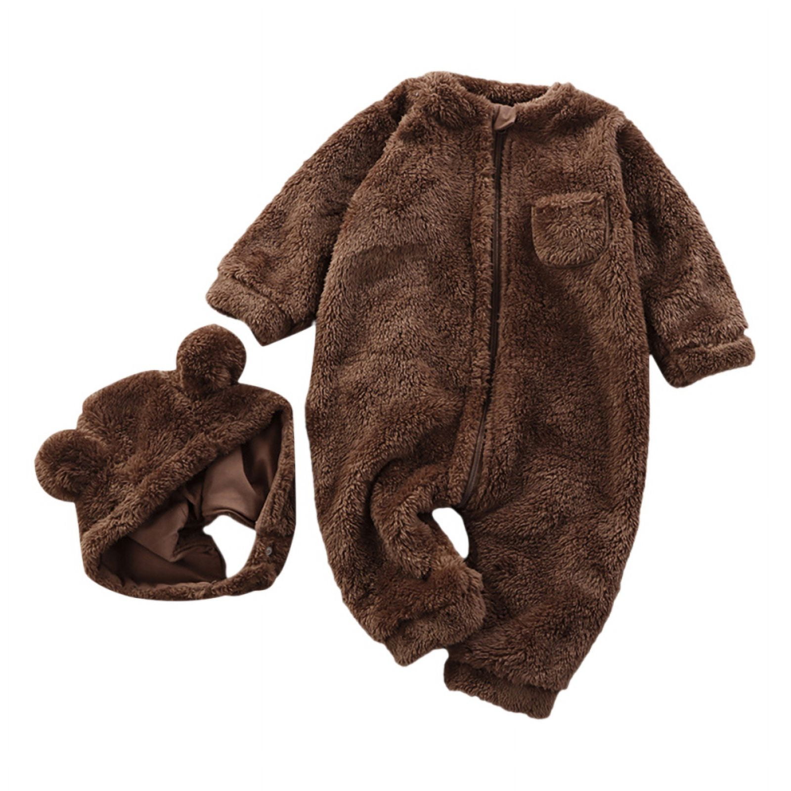 URMAGIC Toddler Boy Girl Solid Color Hooded Zipper Cartoon Jumpsuits Baby Winter Warm Bear Ears ...
