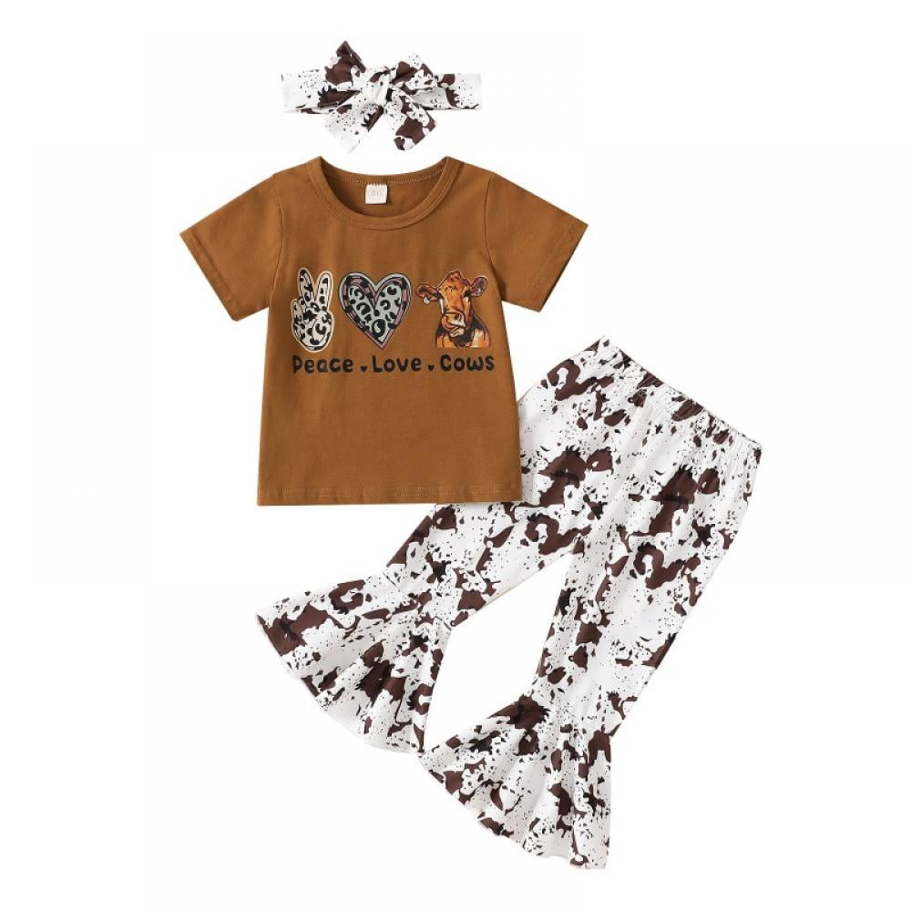 URMAGIC Toddler Western Baby Girl Clothes Bell Bottom Outfits Short Sleeve Cowgirl T Shirt + Cow ...