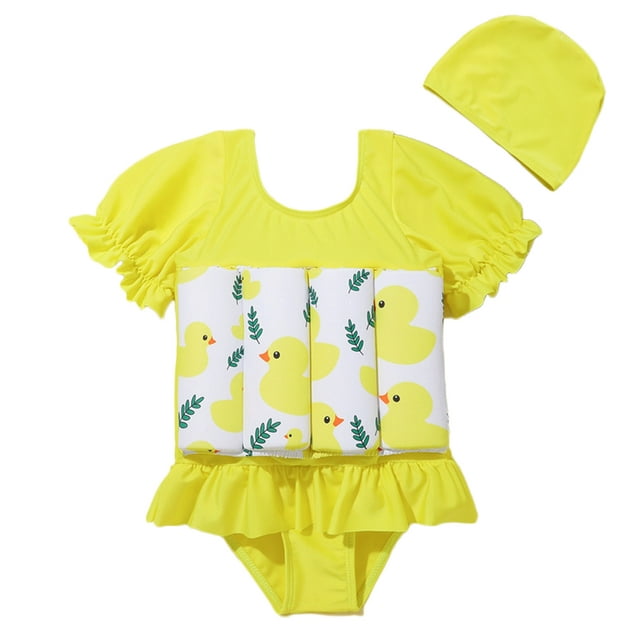 URMAGIC URMAGIC 2-6Y Kid Girls Cute Duck One Piece Float Swimsuit Cap Suit Ruffle Bikini ...