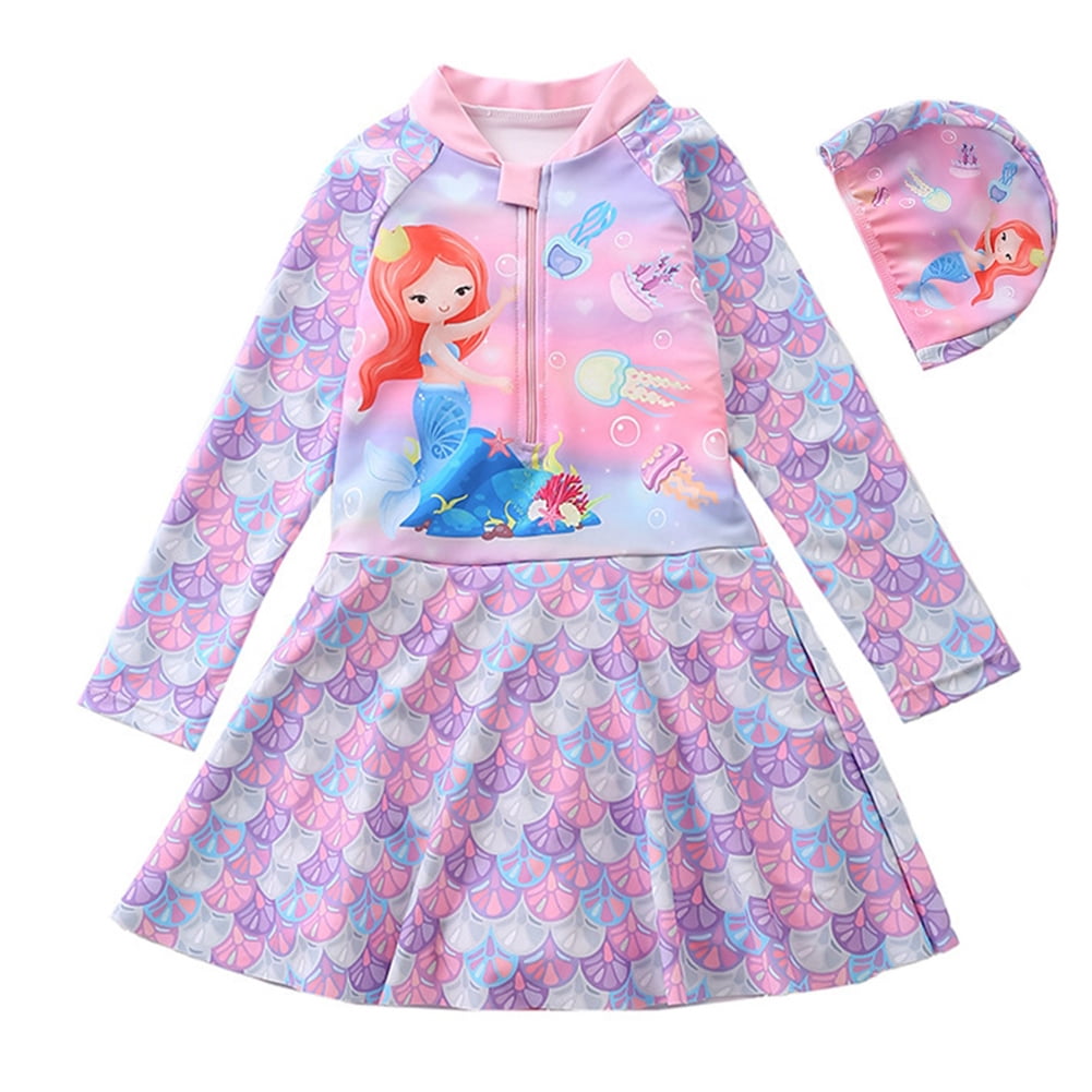 URMAGIC URMAIC Girls Long Sleeve Rash Guard One Piece Mermaid Swimdress ...