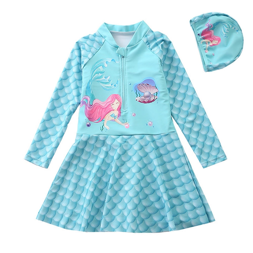 URMAGIC URMAIC Girls Long Sleeve Rash Guard One Piece Mermaid Swimdress ...