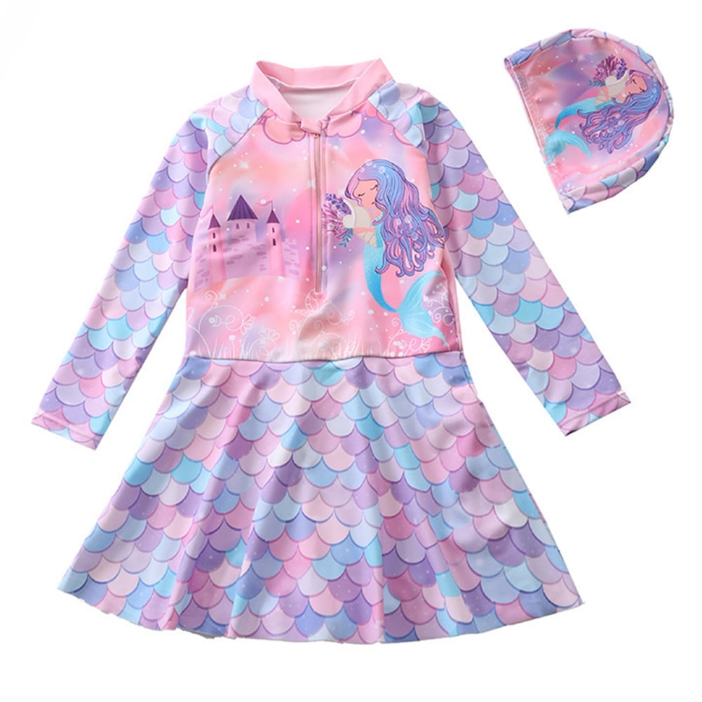 URMAGIC URMAIC Girls Long Sleeve Rash Guard One Piece Mermaid Swimdress ...