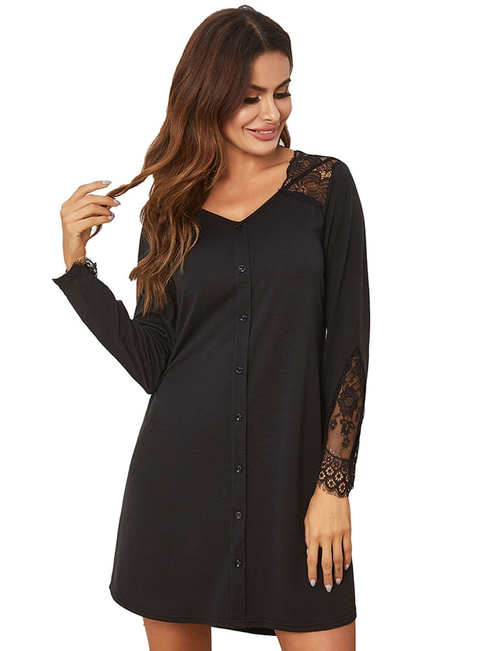 URMAGIC Women Lace Sexy Long Sleeve Nightshirt Nightgown Nightdress ...