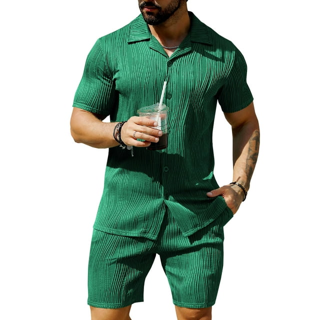 Urru Mens 2 Piece Outfits Short Sleeve Casual Button Down Shirt And