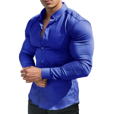 BUYJYA Men's Muscle Dress Shirts Casual Button Down Long Sleeve Elasticity Athletic Fit Wrinkle ...