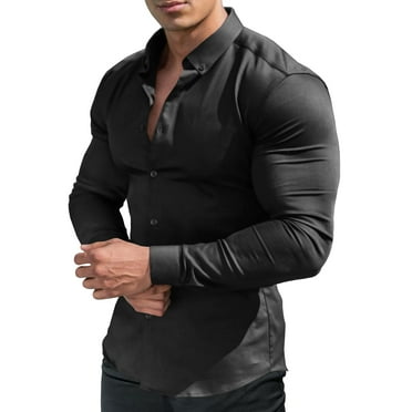 BUYJYA Men's Muscle Dress Shirts Casual Button Down Long Sleeve Elasticity Athletic Fit Wrinkle ...