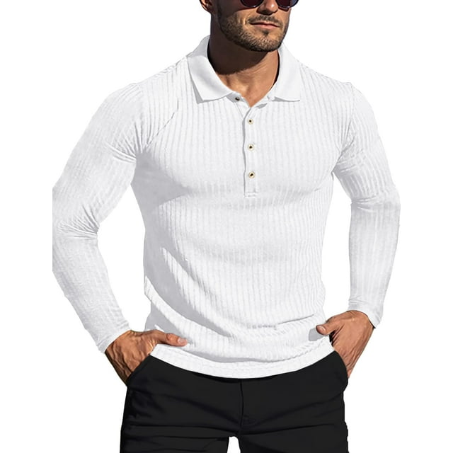 URRU Men's Muscle T Shirts Stretch Long Sleeve Workout Tee Tops Casual Slim Fit Polo Shirt ...