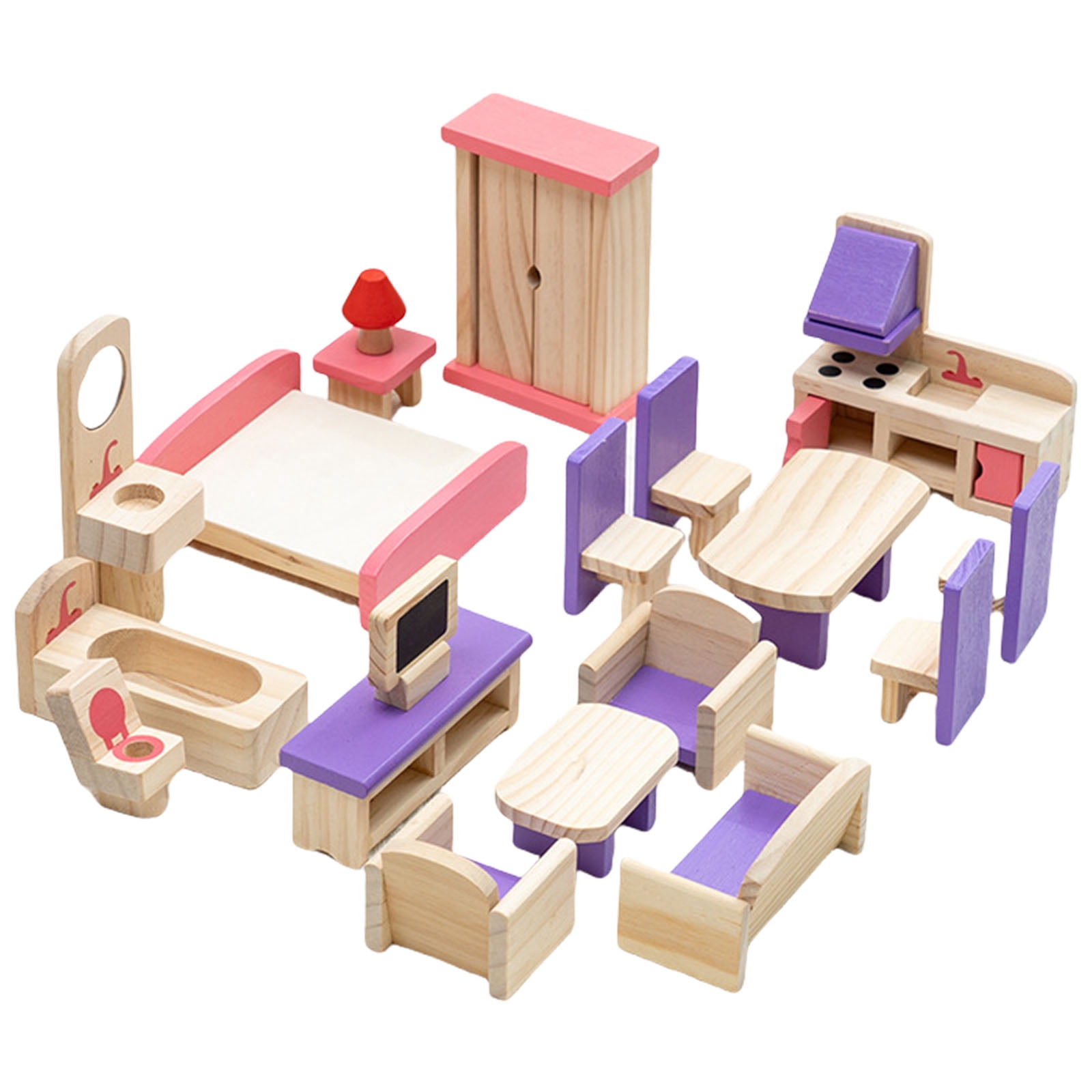 URTERYSER Wooden Dollhouses Furniture Set with Living Room and Bedroom ...