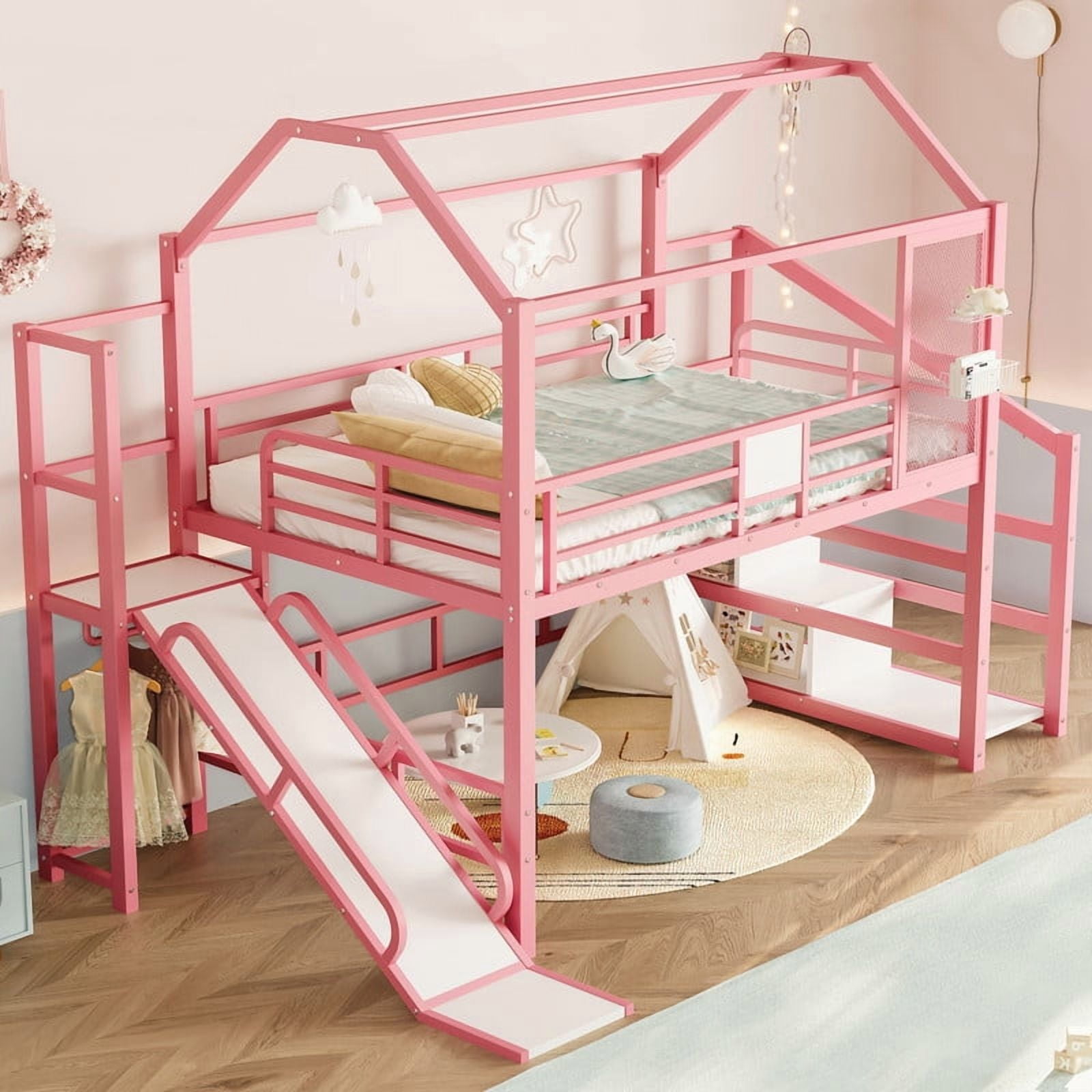 URTR Full Size Metal Loft Bed with Slide and Stairs, House Shaped ...