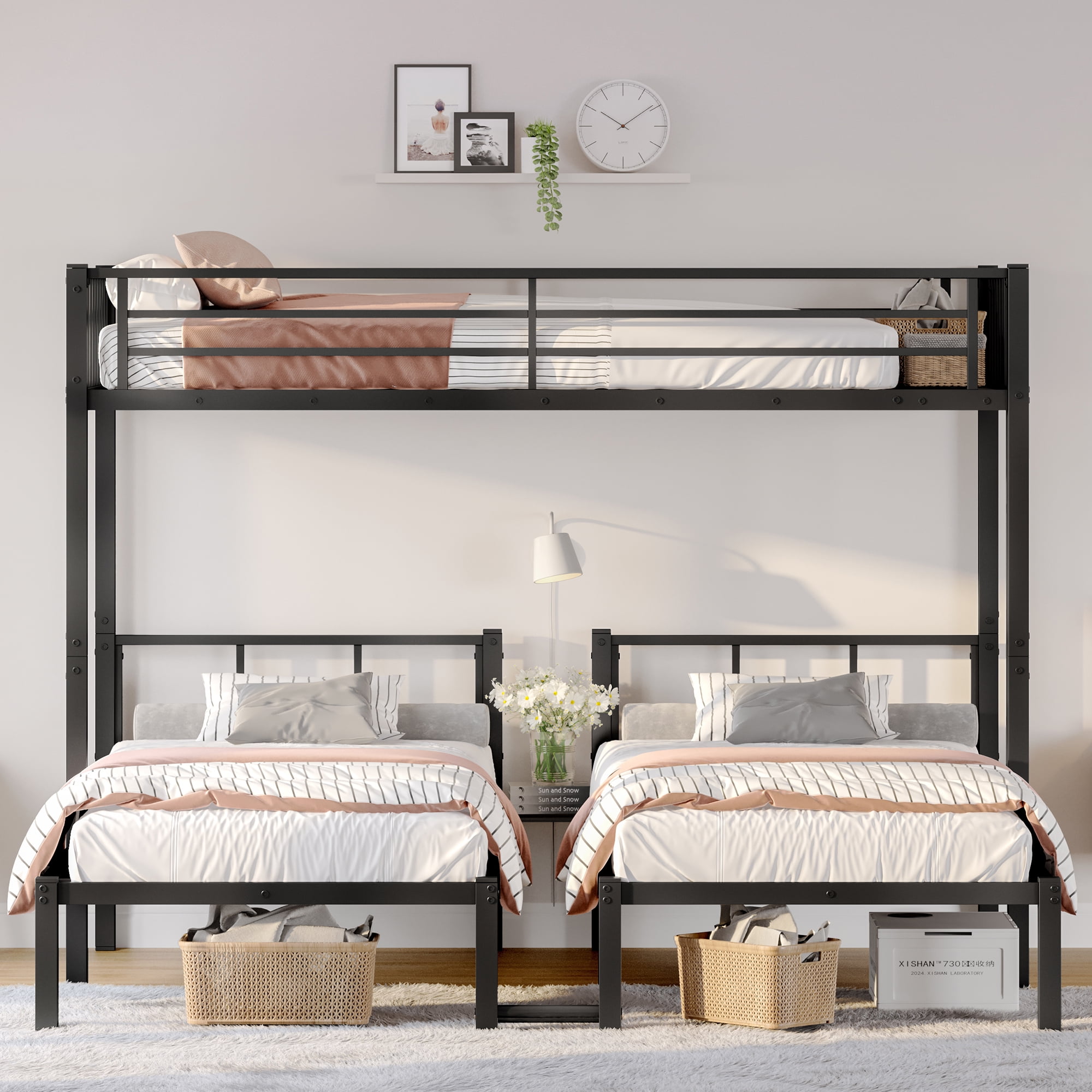 URTR Heavy Duty Metal Triple Bunk Bed for 3, Twin Over Twin Over Twin ...