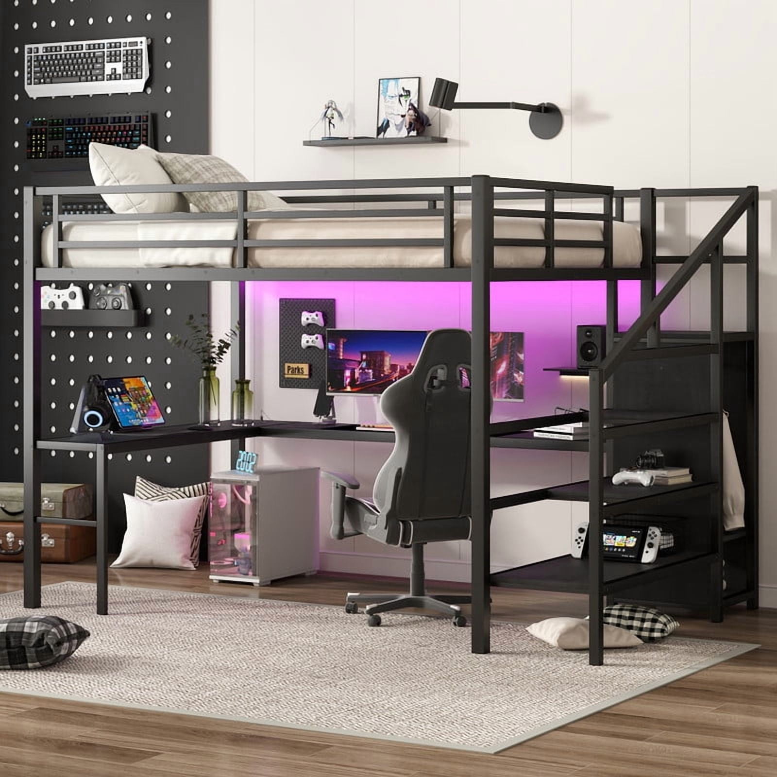 URTR Queen Size Heavy Duty Metal Loft Bed with L-Shaped Desk, Storage ...