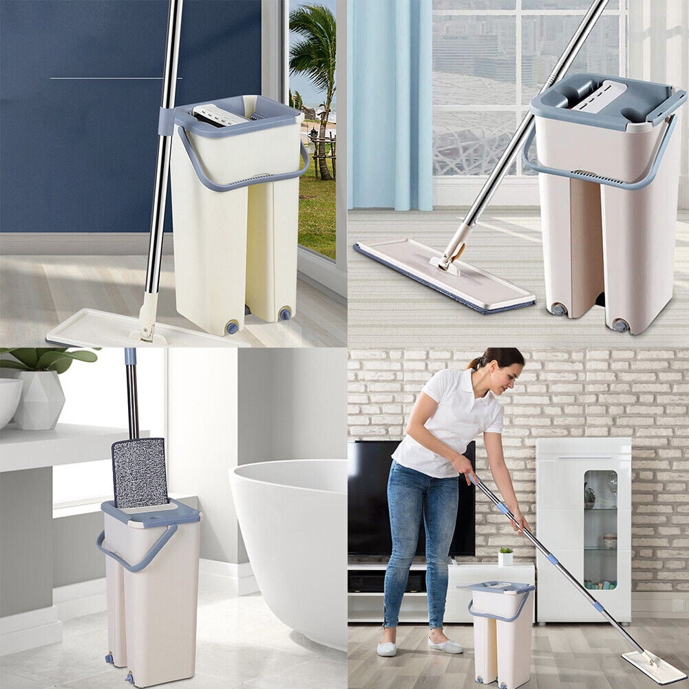 US 1-2 Sets Flat Mop Bucket System Reusable Microfiber Pads Cleaning ...
