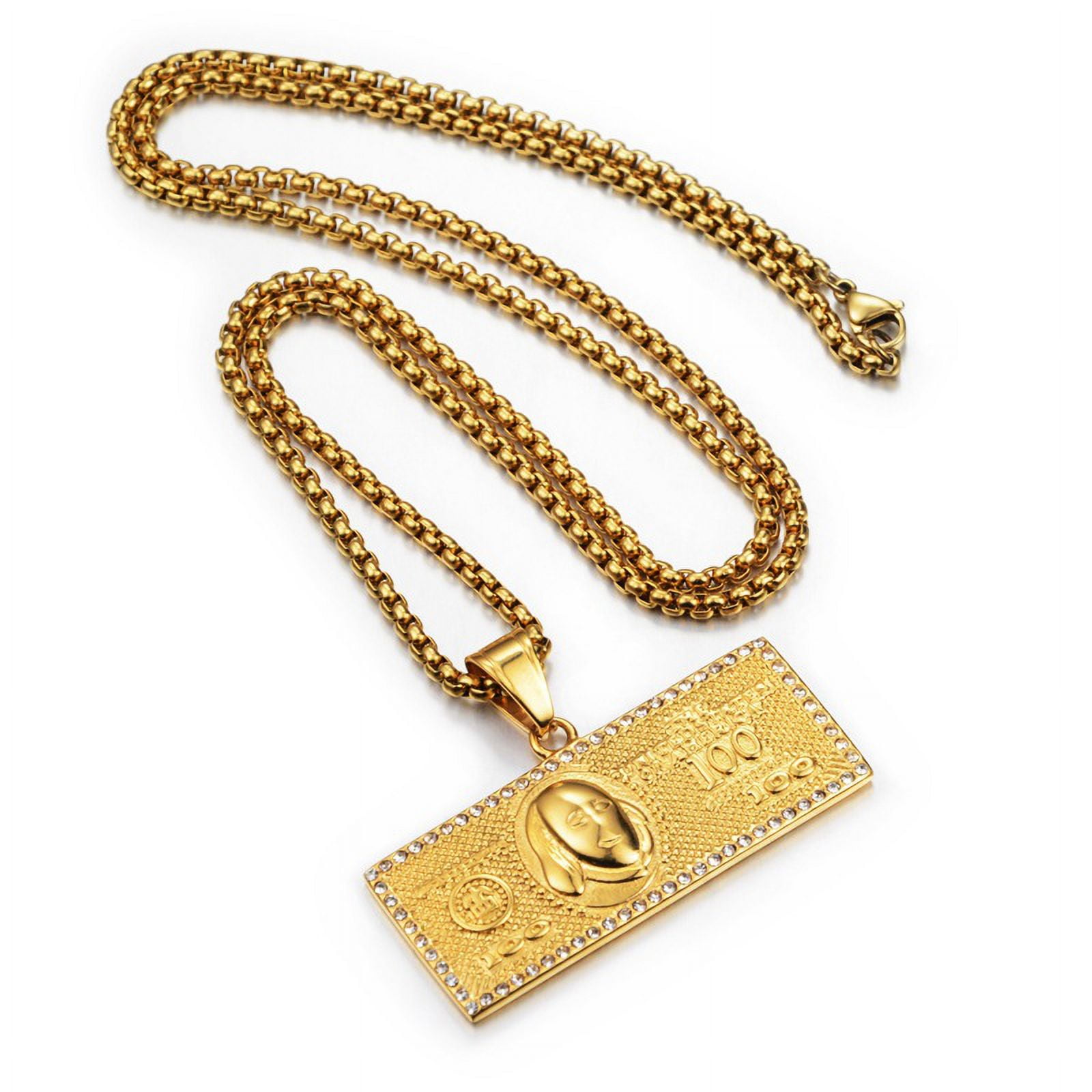 US $100 Dollar Money Necklaces Pendants Male 14K Yellow Gold Chain For ...