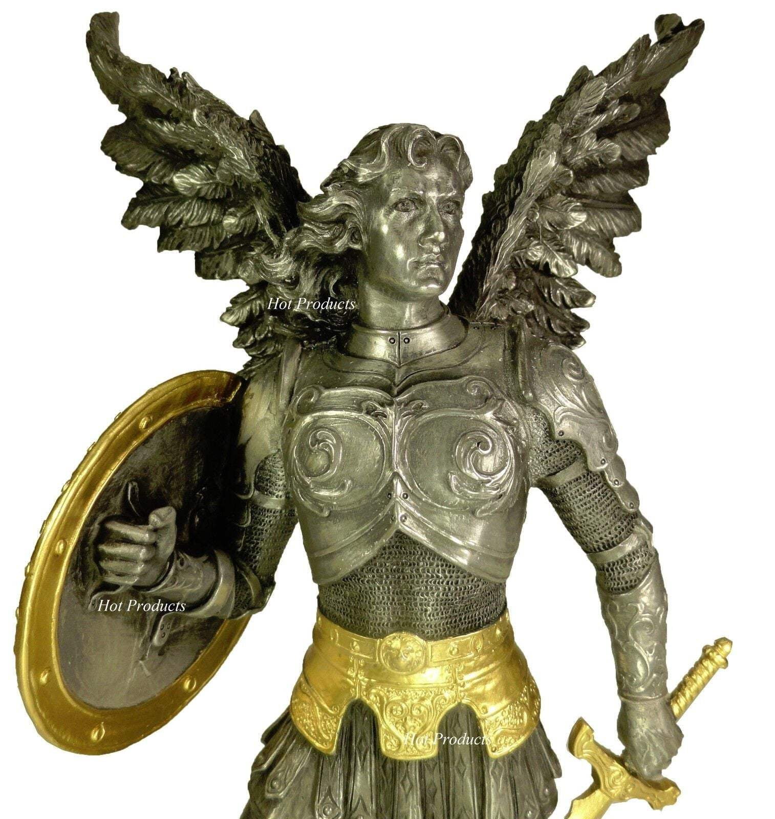 US 12.75 Inch Archangel Saint Michael Figurine, Pewter and Gold Color ...