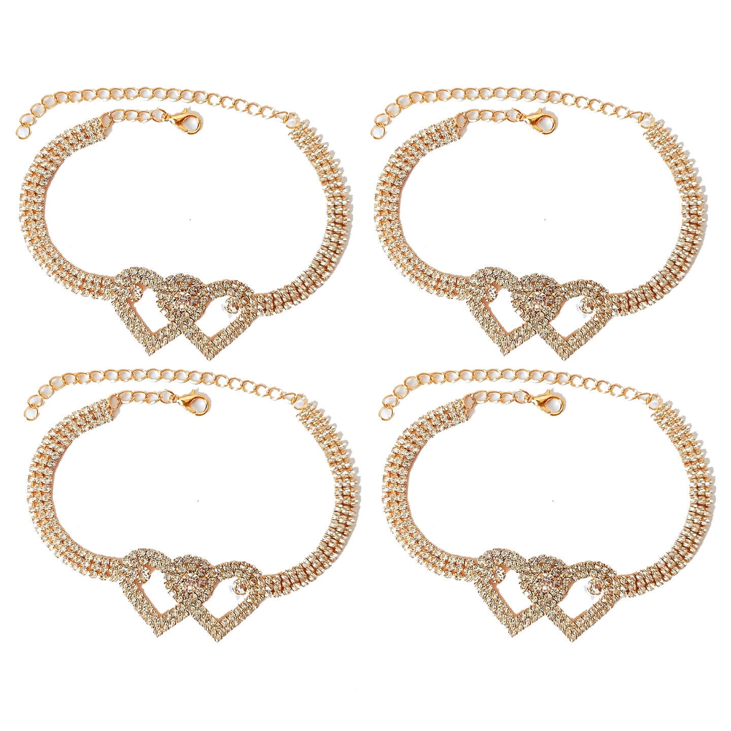 US 2-4 Pack Love Chain Double Heart Anklet Bracelet Bling Crystal Ankle ...