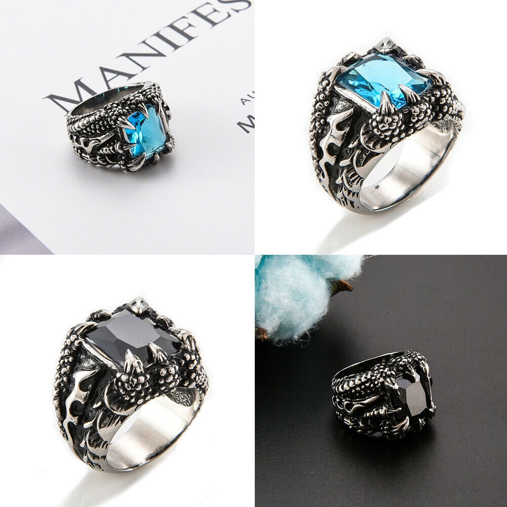 US 2 Pack Mens Stainless Steel Biker Black Onyx Dragon Claw Ring For ...