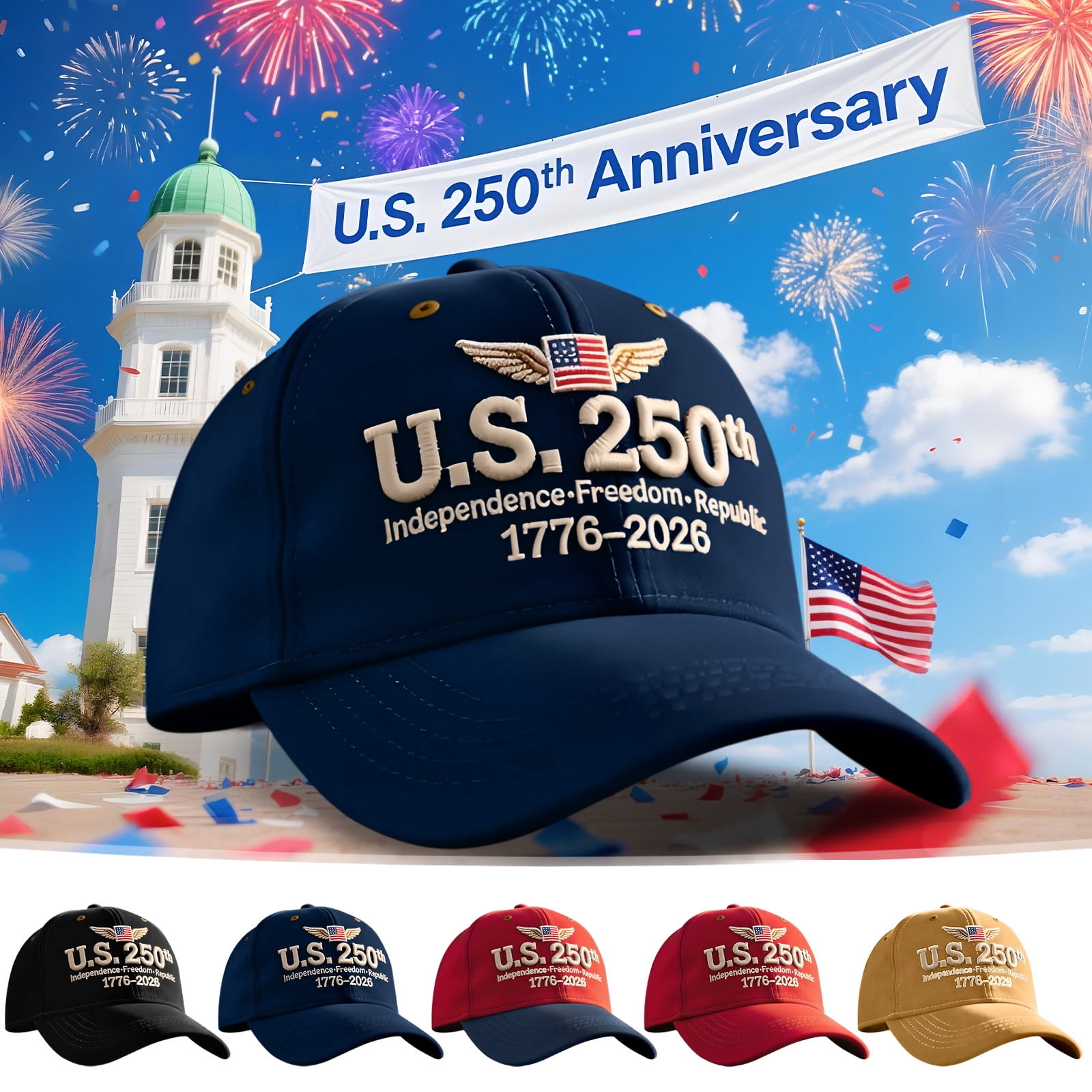 US 250th Anniversary Embroidered Baseball Cap - Adjustable Washed ...