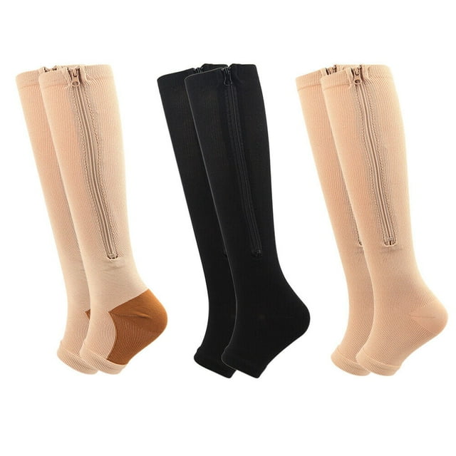 US 3 Pair Zipper Pressure Compression Sock Pain Relief Toeless Calf Leg ...