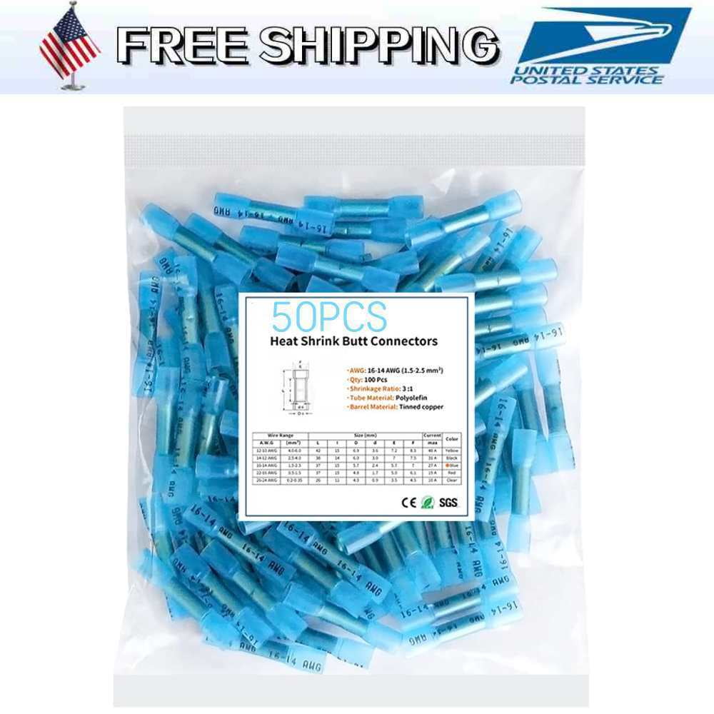 US (50) Blue Heat Shrink Butt Wire Connectors Crimp Terminals 14-16 ...