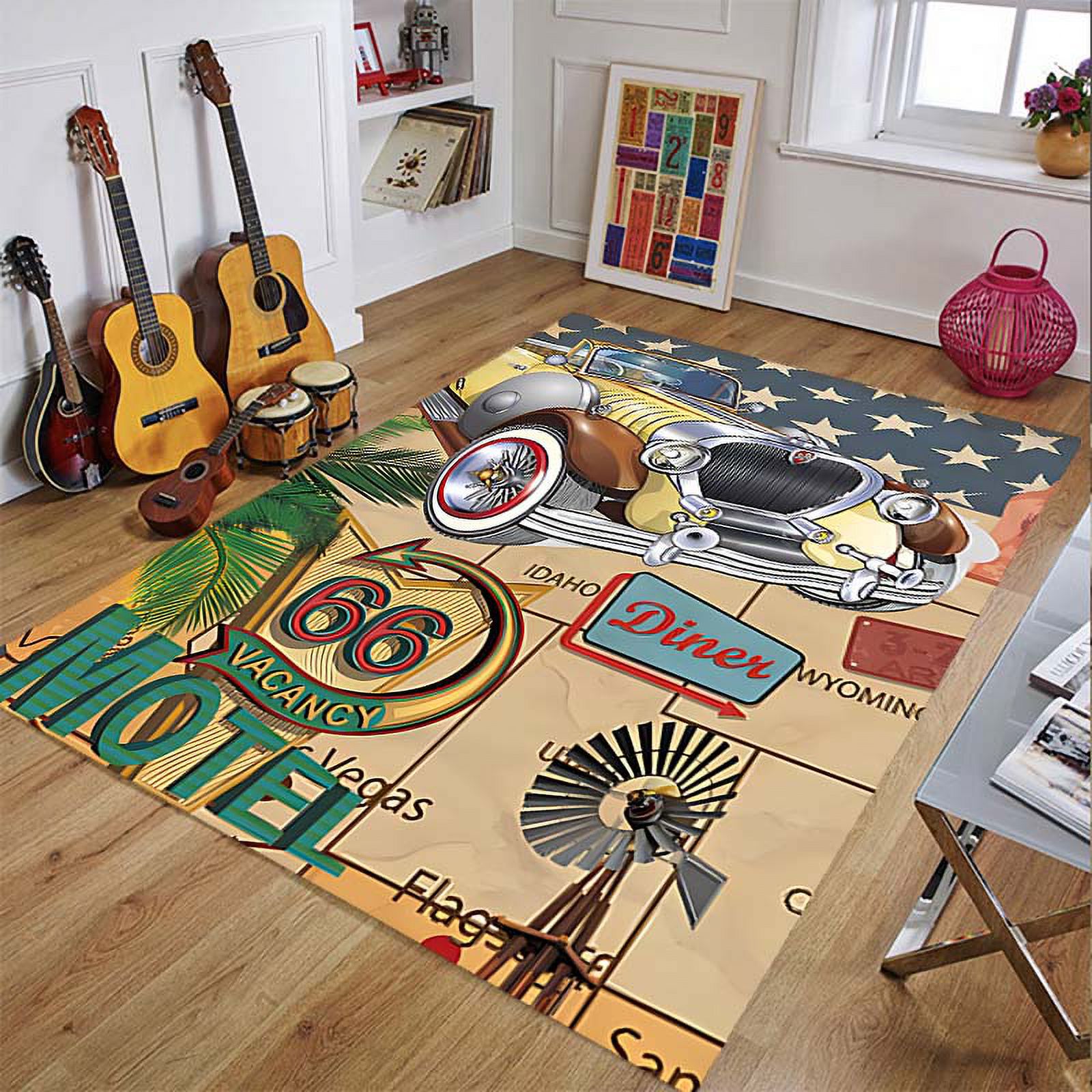 US 66 highway road sign retro motorcycle car pattern carpet restaurant ...