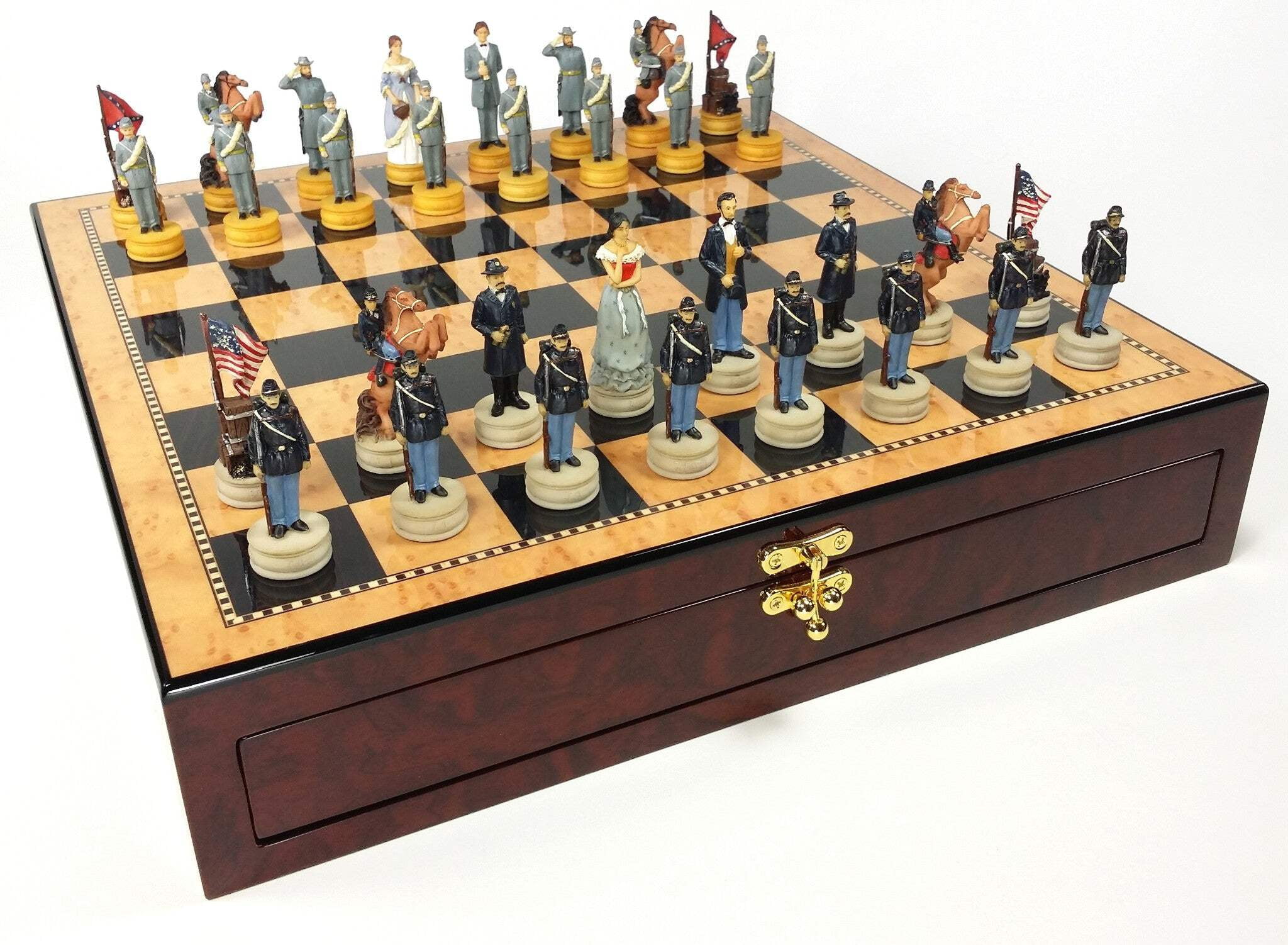 US American Civil War Queens Chess Set with 17" Gloss Walnut Color ...