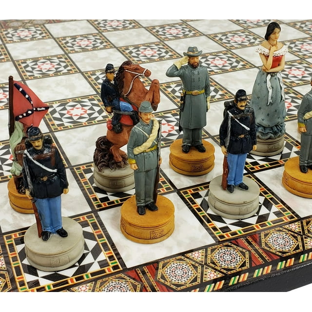 US American Civil War Queens Painted Chess Set W/ 17" Mosaic Color ...