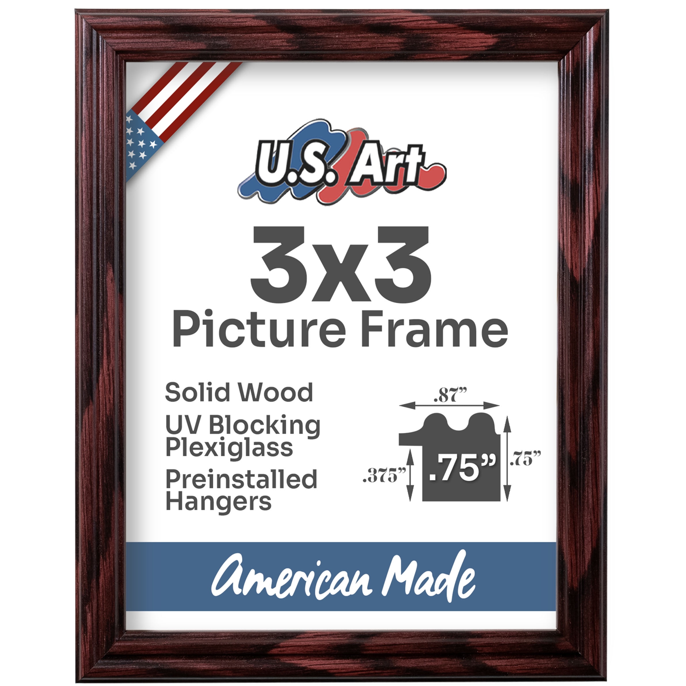 US Art Frames Cherry 3x3 Picture Frame .75" Wide - Preinstalled Hangers ...