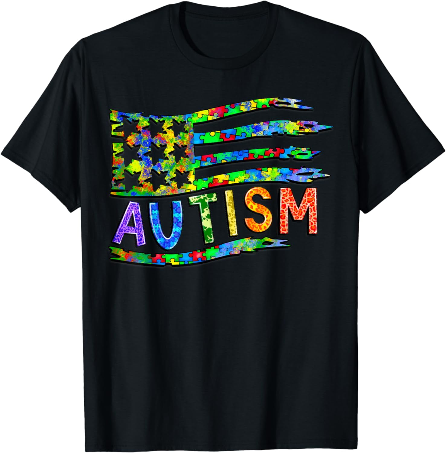 US Autism Awareness American Flag Tee Autistic Patriotic T-Shirt ...