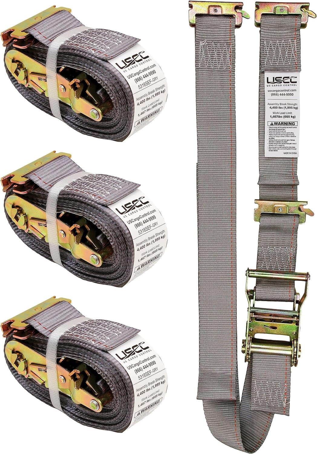 US Cargo Control Double-Fitted E Track Ratchet Straps (4 Pack), 4,400 LBS Break Strength, 2 Inch ...