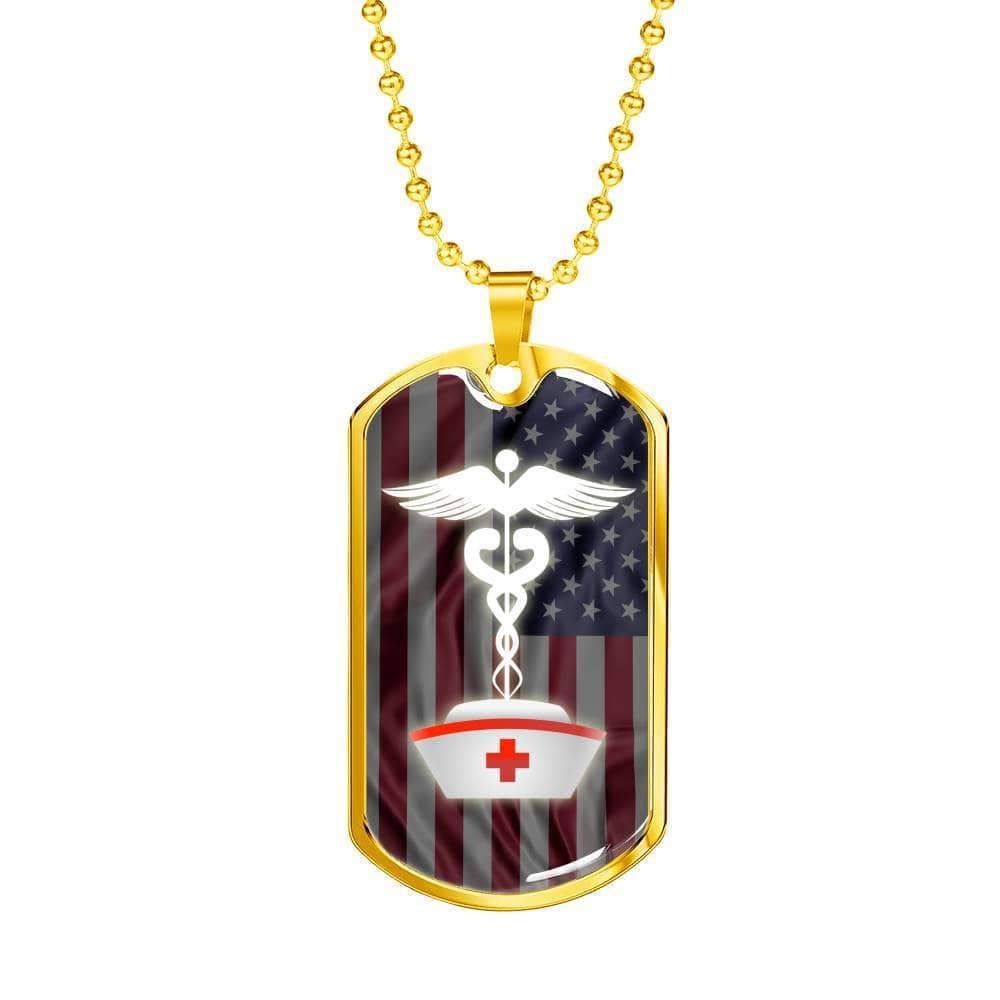 US Flag Caduceus Nurse Necklace Stainless Steel or 18k Gold Dog Tag 24 ...