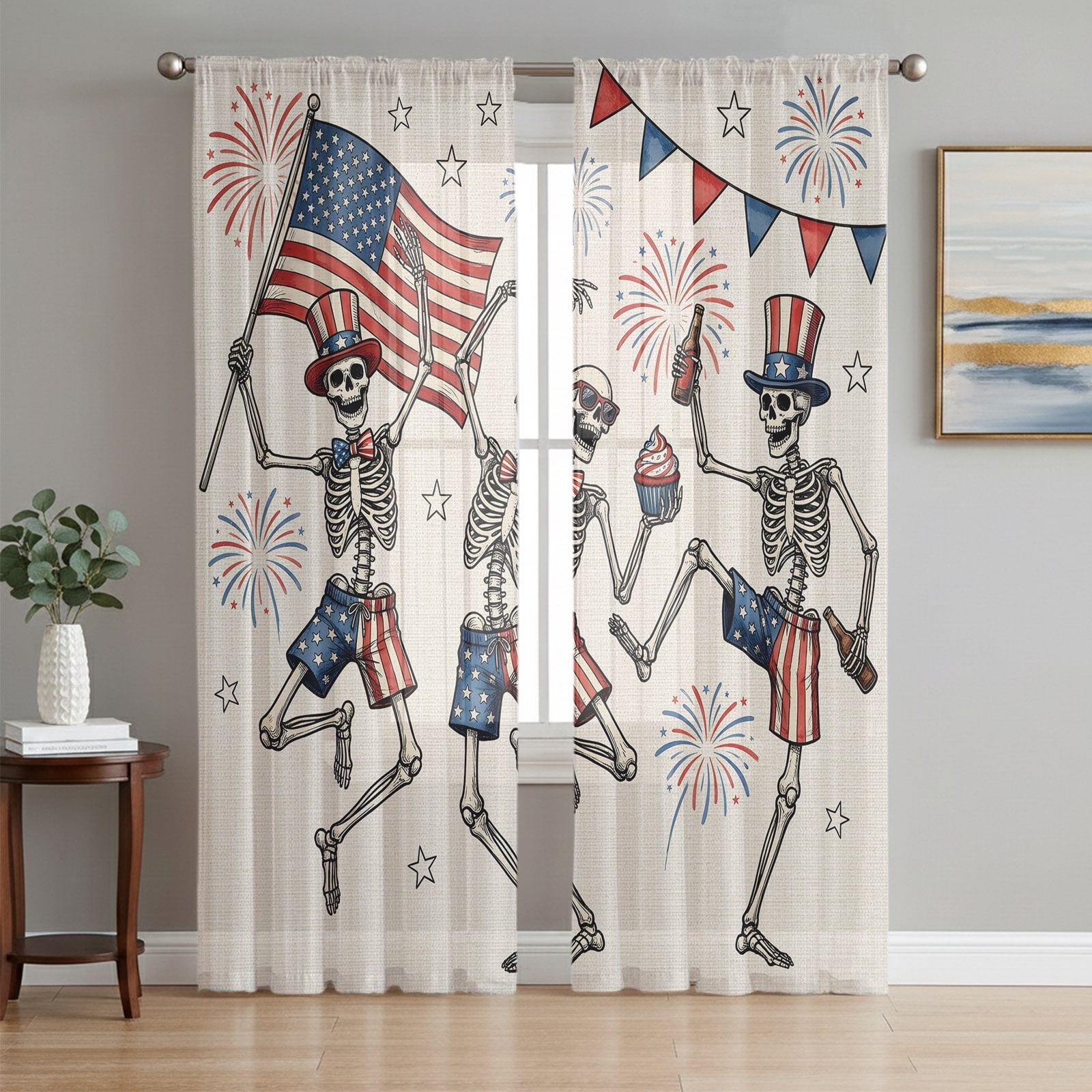 US Flag Skeletons Sheer Curtains for Living Room Bedroom, Independence ...