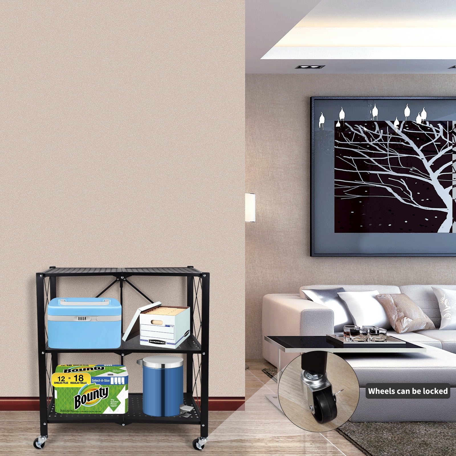 [US IN STOCK] 3-Tier Foldable Storage Shelves with Wheels, Metal ...