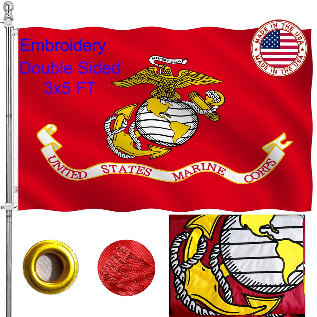 US Marine Corps Embroidered Military Flags 3x5 Outdoor in USA - Double ...