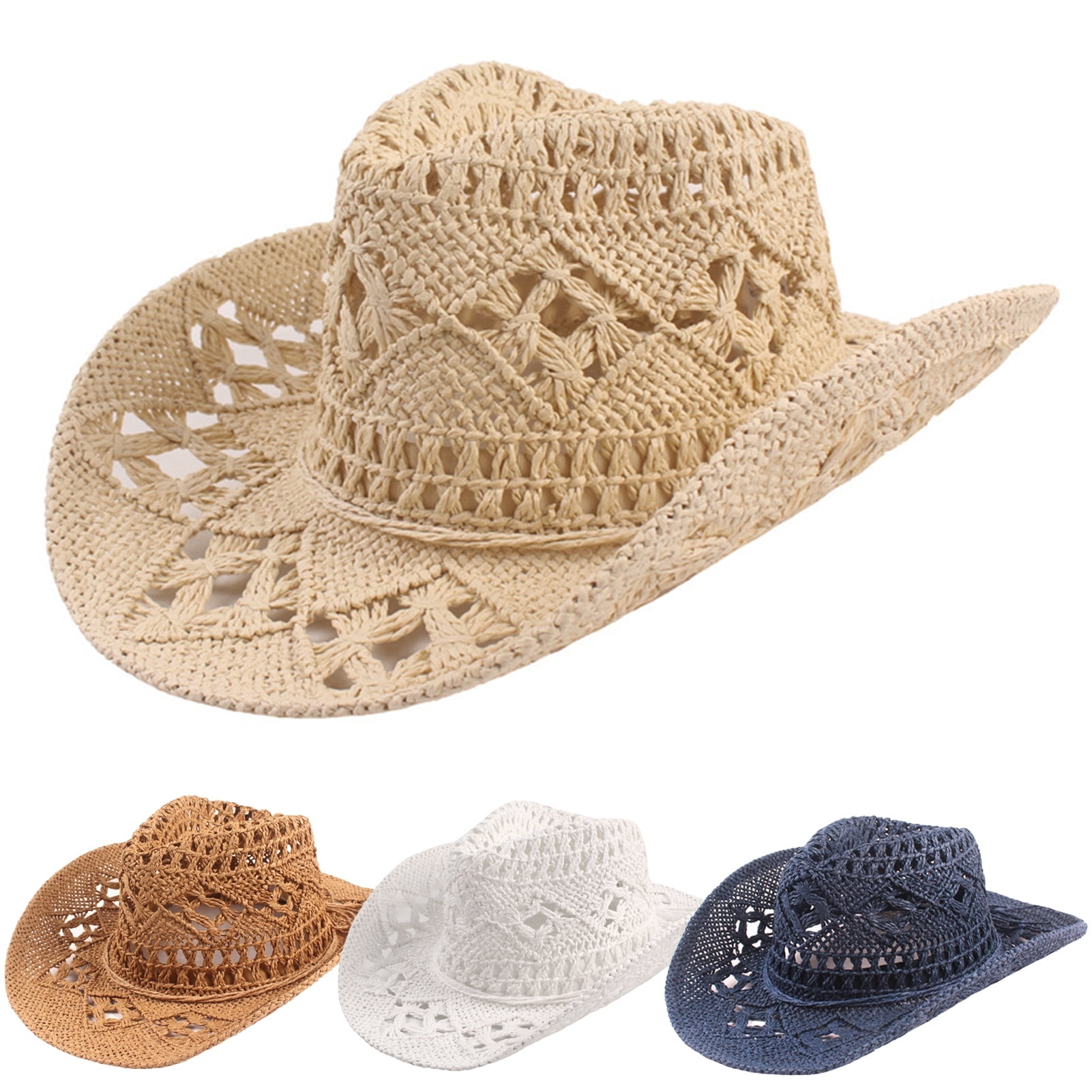 US Men Women's Summer Cowboy Cowgirl Straw Hat Hollow Out Style Roll Up ...
